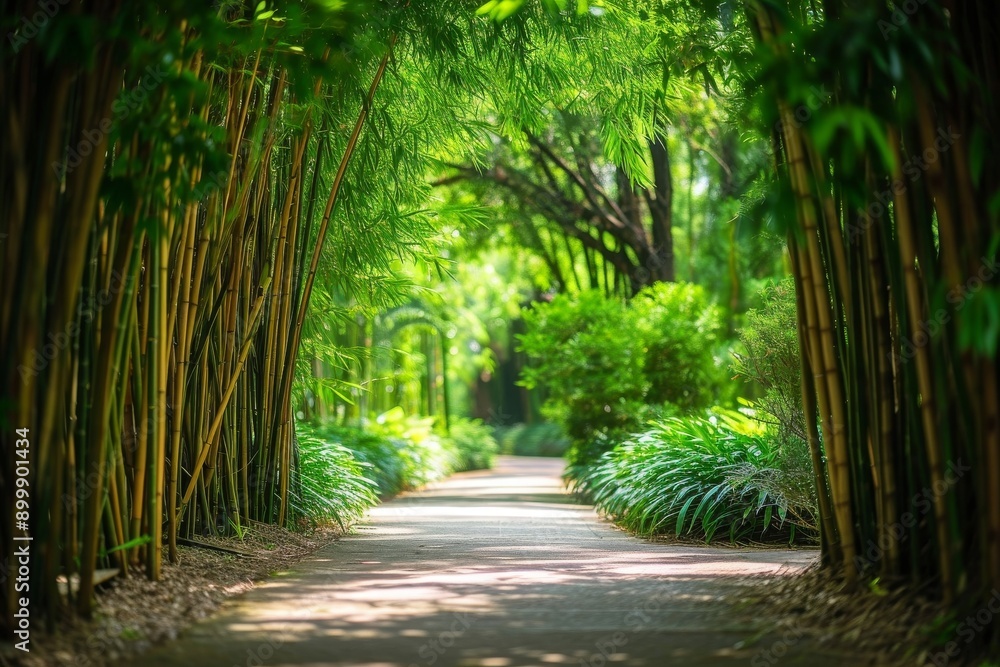 A well-defined pathway bordered by tall bamboo trees intertwined with ...