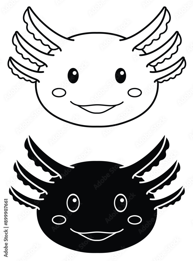 Cute Cartoon Axolotl Salamander Face Clipart - Outline and Silhouette ...