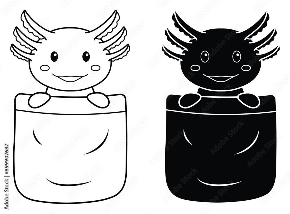 Cute Cartoon Axolotl In a Shirt Pocket Clipart Design - Outline and ...