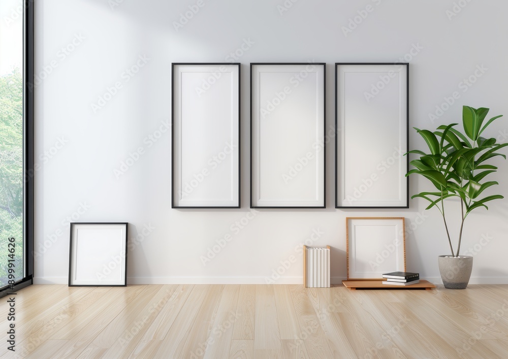 4 empty picture frames of different sizes on the floor leaning against ...