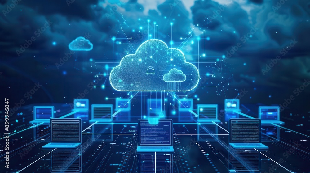 Cloud Computing A cloud icon connected to various devices like laptops, tablets, and servers ...