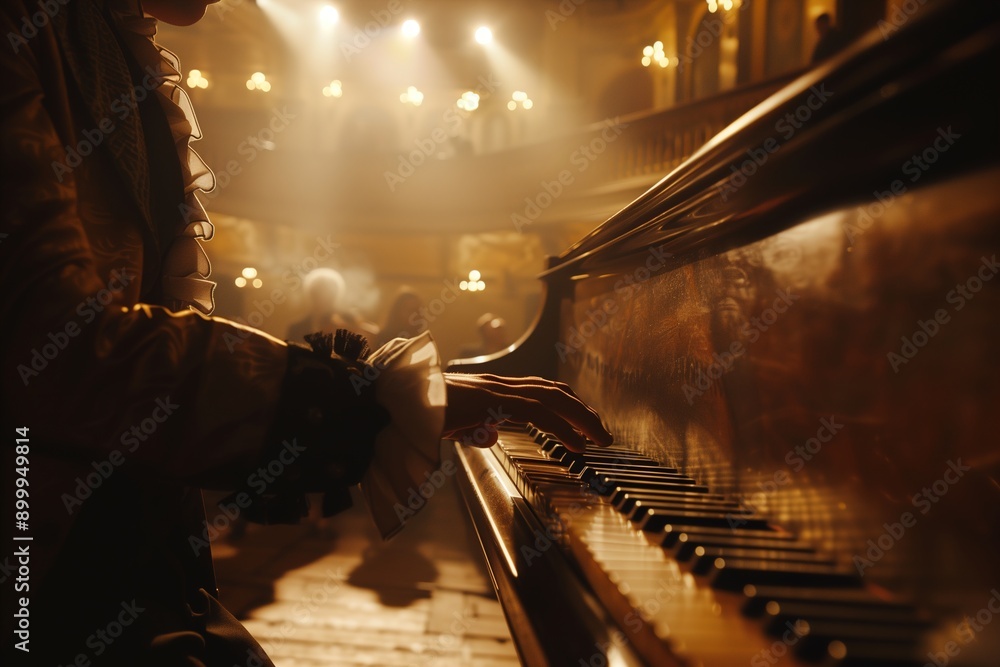 Wolfgang Amadeus Mozart Playing Piano in a Grand Hall During the 18th ...