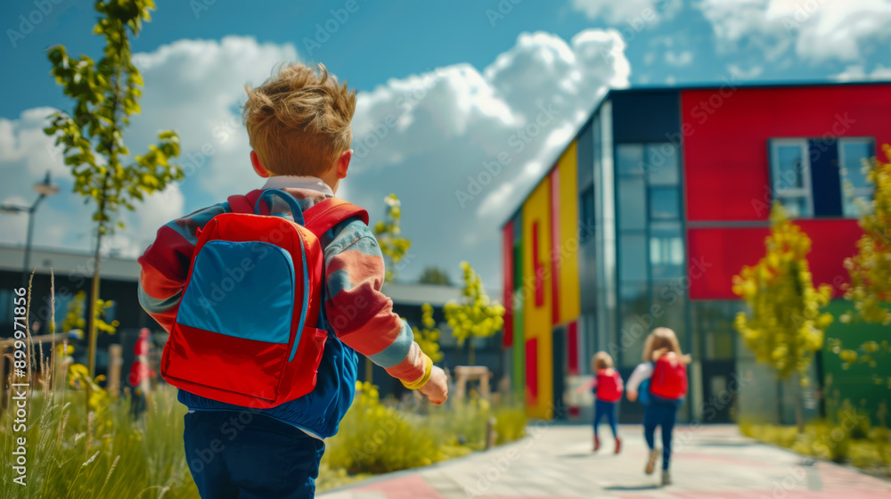 School children running to school, view from behind colorful, backpack ...