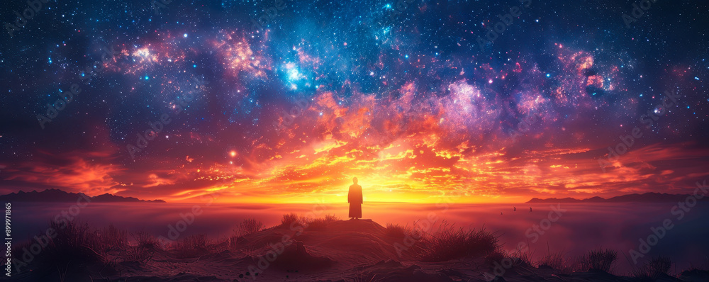 Nativity Scene at Sunrise with the Holy Family and Comet in Starry Sky ...