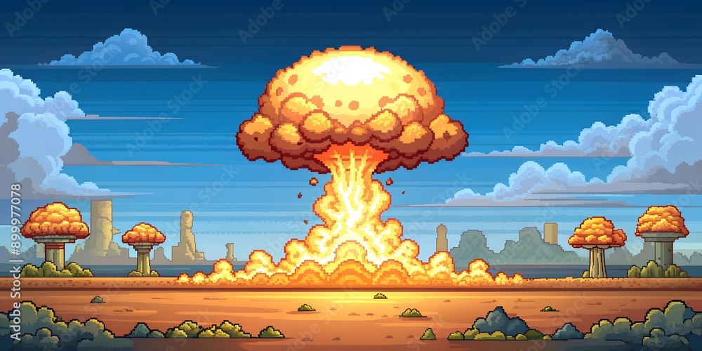 Illustrate a game level with a 2D pixelated cartoon aesthetic depicting ...