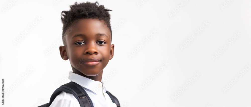Nice young schoolboy of African appearance in white shirt and with bag ...