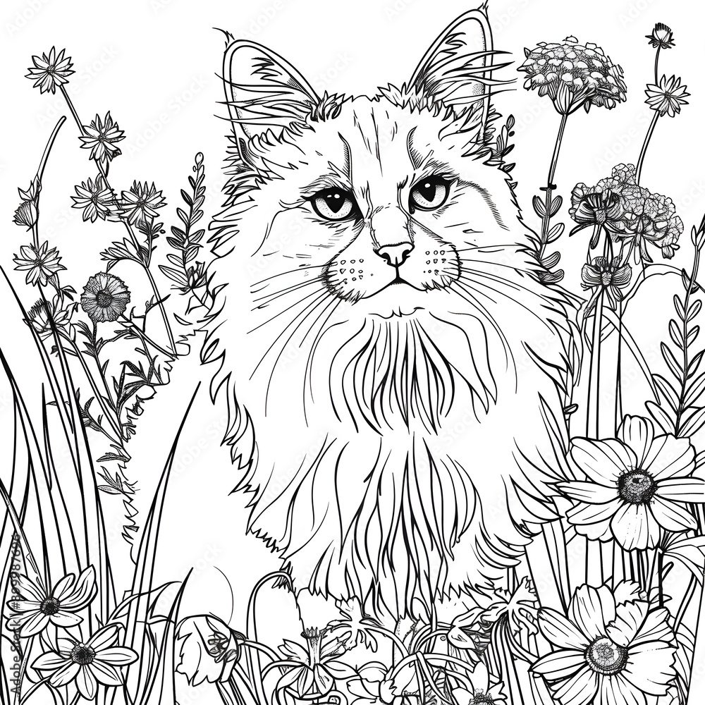 cute cat coloring page for children and adults, fairy tale, flowers in ...