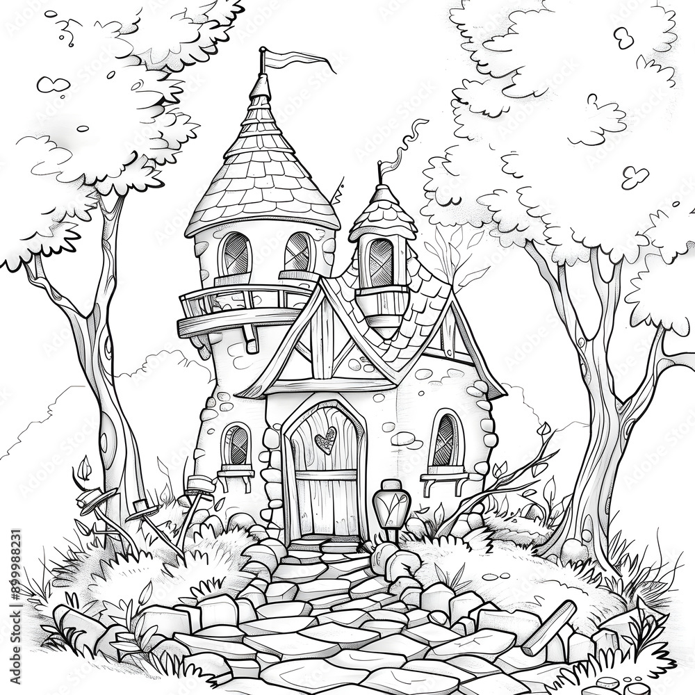 Fairy tale castle coloring page for children Stock Illustration | Adobe ...