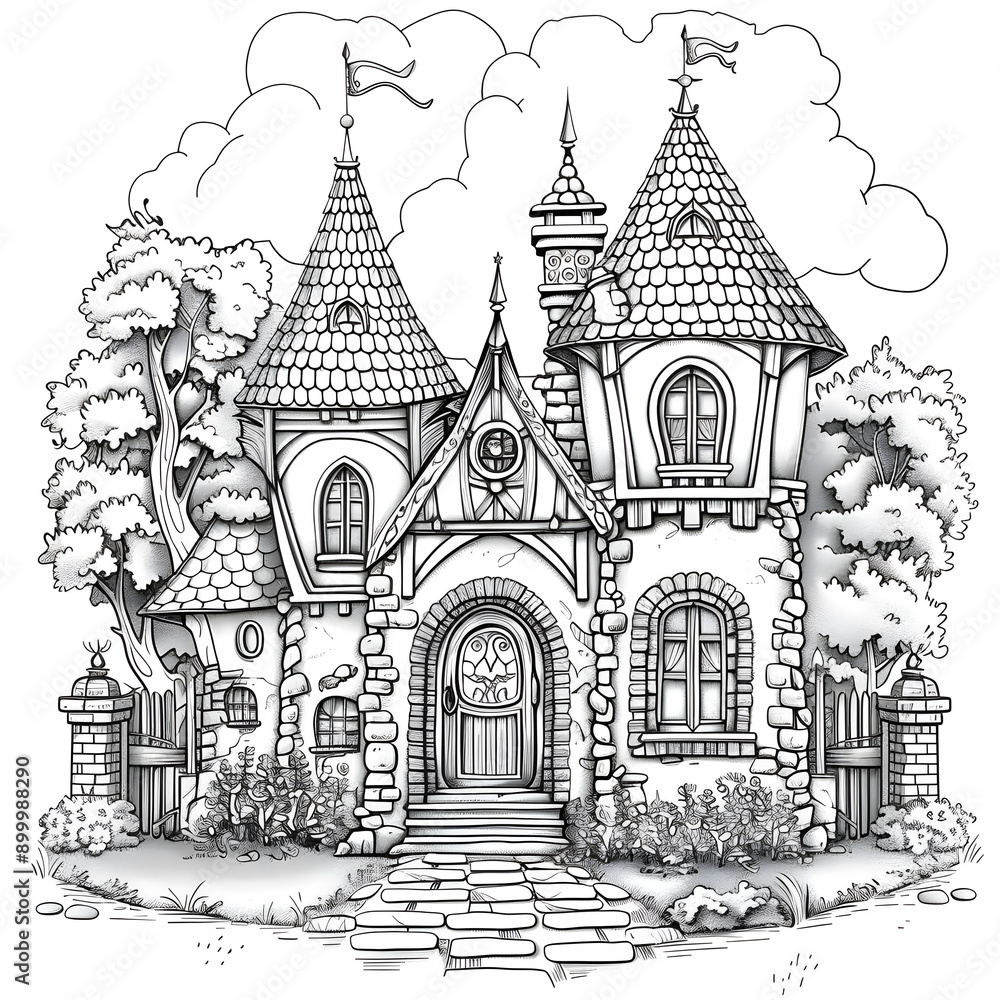 Fairy tale castle coloring page for children Stock Illustration | Adobe ...