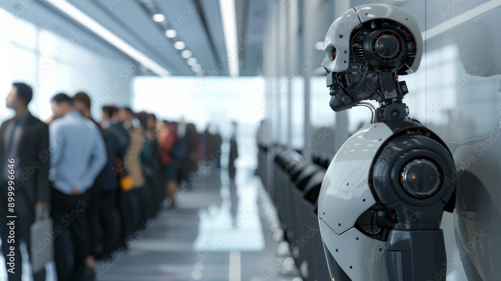 Robots and humans waiting together in a modern room, showing the future ...