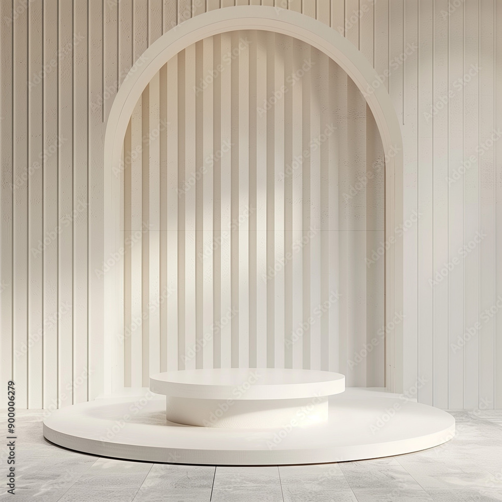 Minimalist Stage Design with Empty Pedestal Against White Striped Walls ...