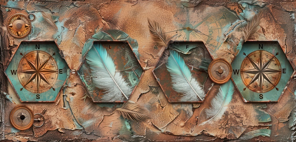 Extended panoramic artwork with hexagons housing seafoam feathers and ...