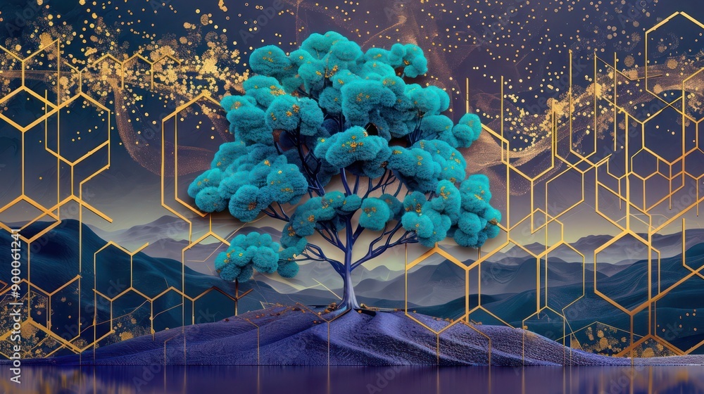Luxurious 3D tree mural with turquoise leaves against a gentle ...