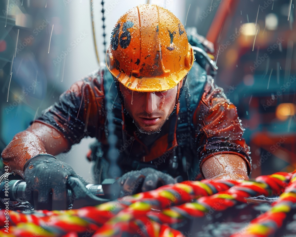 Skilled Construction Worker Using Tools on-Site in Rainy Conditions ...