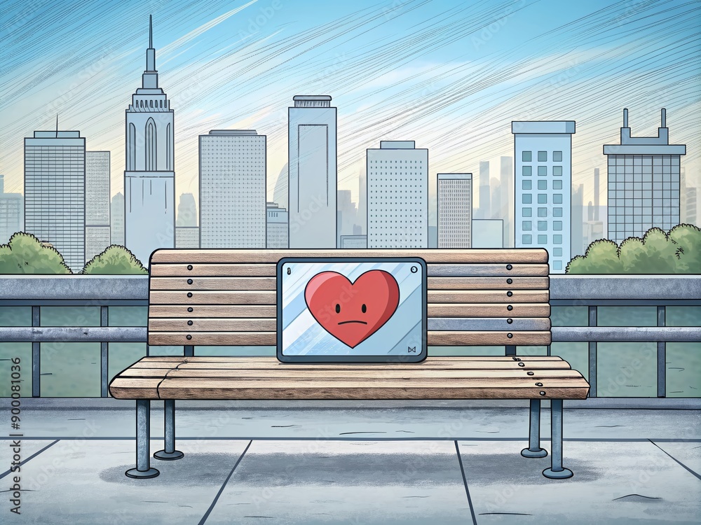 Empty bench on city street with abandoned smartphone displaying broken ...