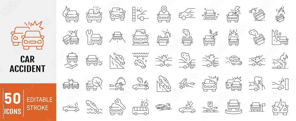 Car accident line editable icon set. Containing icons: car, crash ...