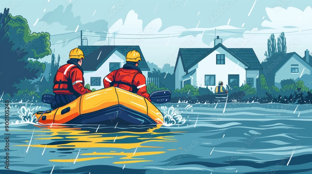 Emergency responders conducting a rescue operation in a flooded area ...