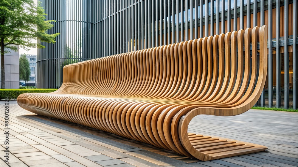 Architectural photography of a parametric slats wooden bench ...