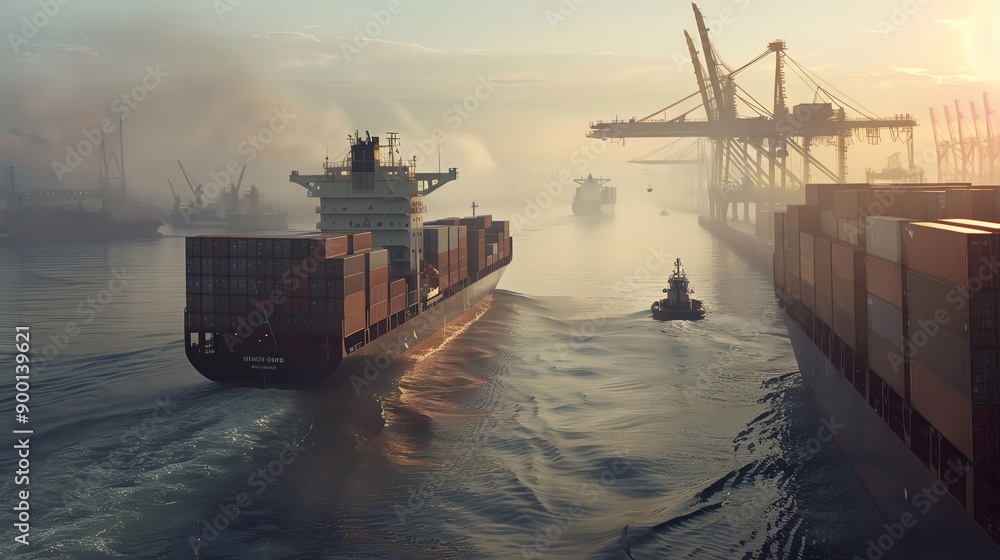 Realistic photo of a container ship navigating through a busy shipping ...
