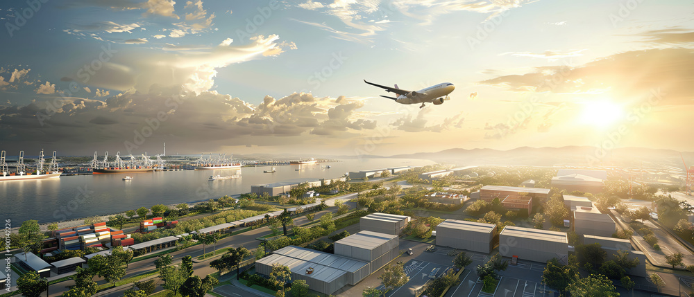 Realistic photo of a logistics hub with a container ship docked, an ...