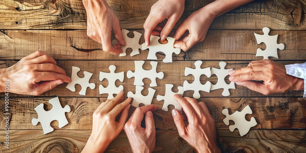 Diverse hands holding puzzle pieces that fit together to form a larger ...