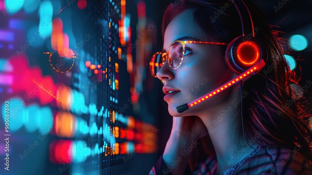 Cyberpunk Data Dive: A young woman, illuminated by the glow of a ...