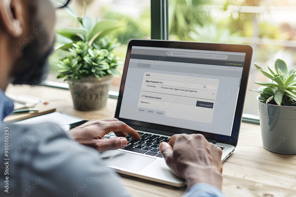 Professional working on laptop with contact form in a modern office ...