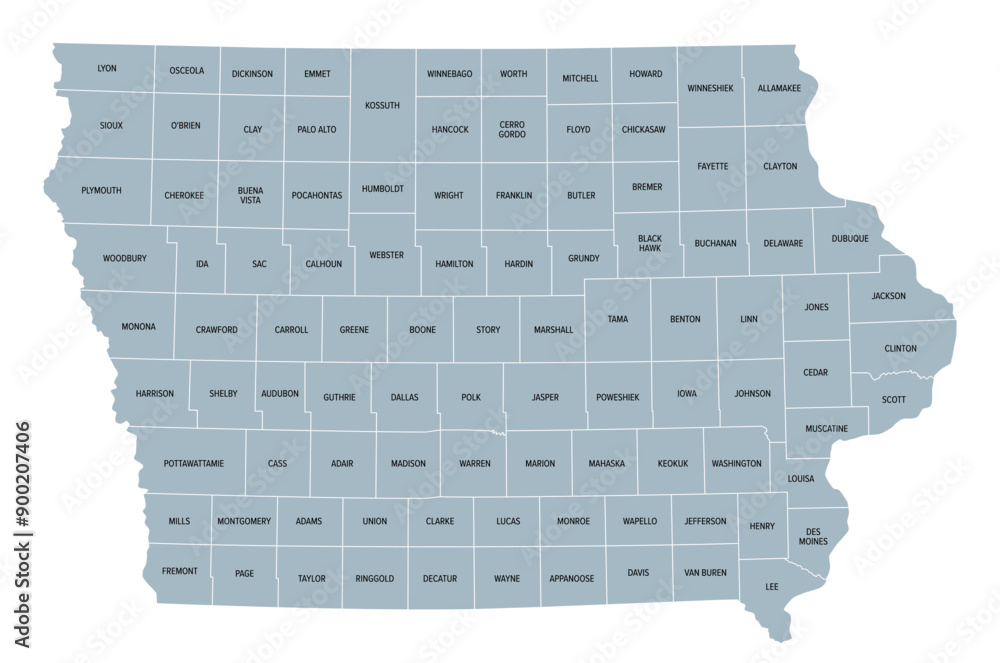 Iowa counties, gray political map with borders and county names ...
