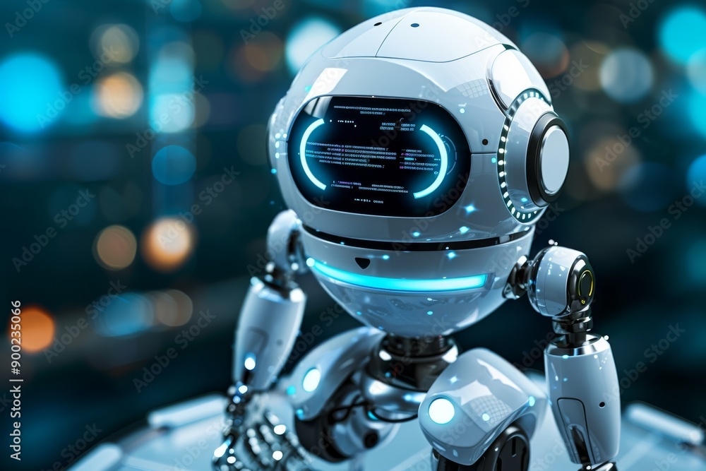 Futuristic robot with digital interface representing advanced technology and robotics ...