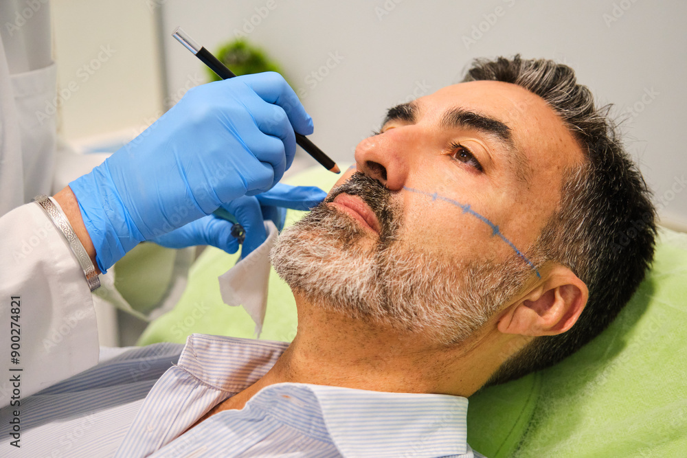 A man is getting a cheekbone filler or cheek Botox. The doctor is using ...