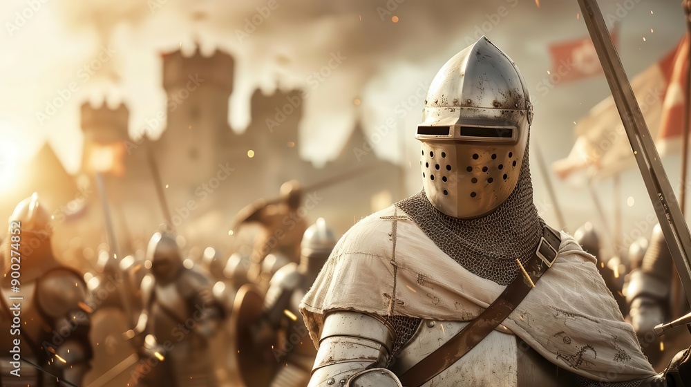 Medieval knight in full armor leading an army into battle against ...