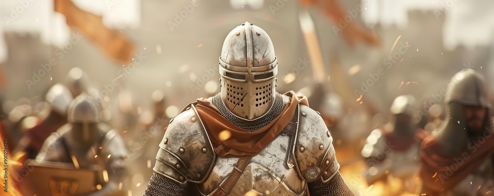 Medieval knights in full armor charge into battle with swords and shields under a dramatic ...