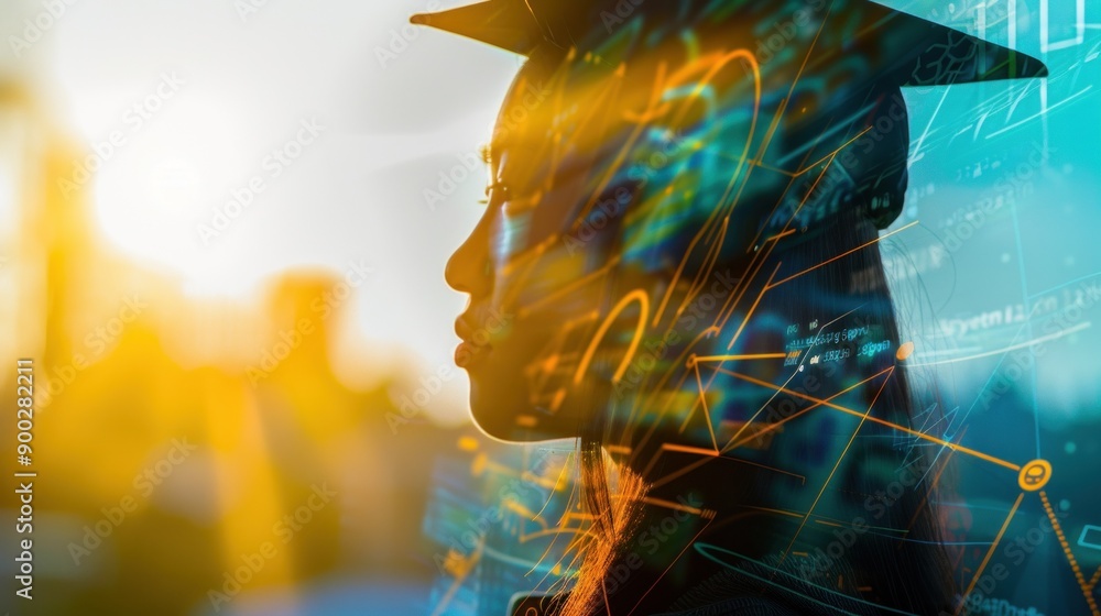 Silhouette of a student wearing a graduation cap blended with ...