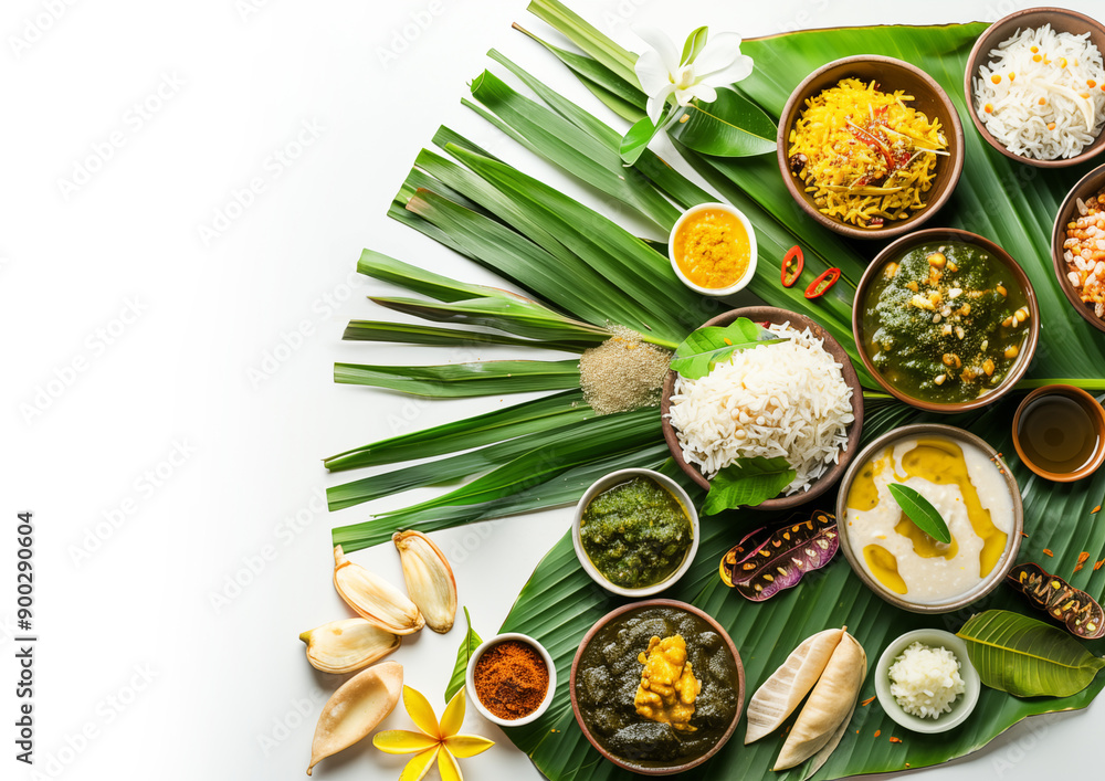 Traditional food Onam sadhya served on banana green leaf, south indian ...