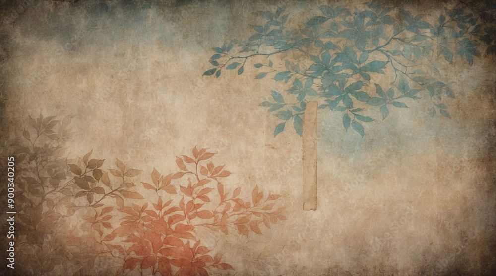 Aged textured paper parchment background with traditional Asian drawing ...