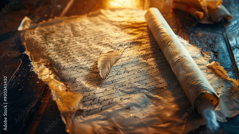 mysterious scene featuring an ancient scroll and a quill pen, with a ...