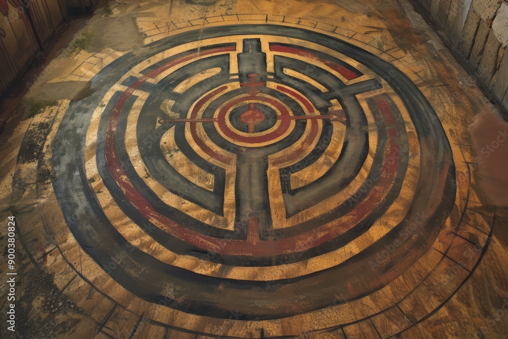 circular maze in room with wooden floor, chalk drawing guides travelers ...