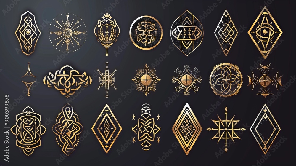 Set golden nordic celtic runes borders, norse protection symbols line ...