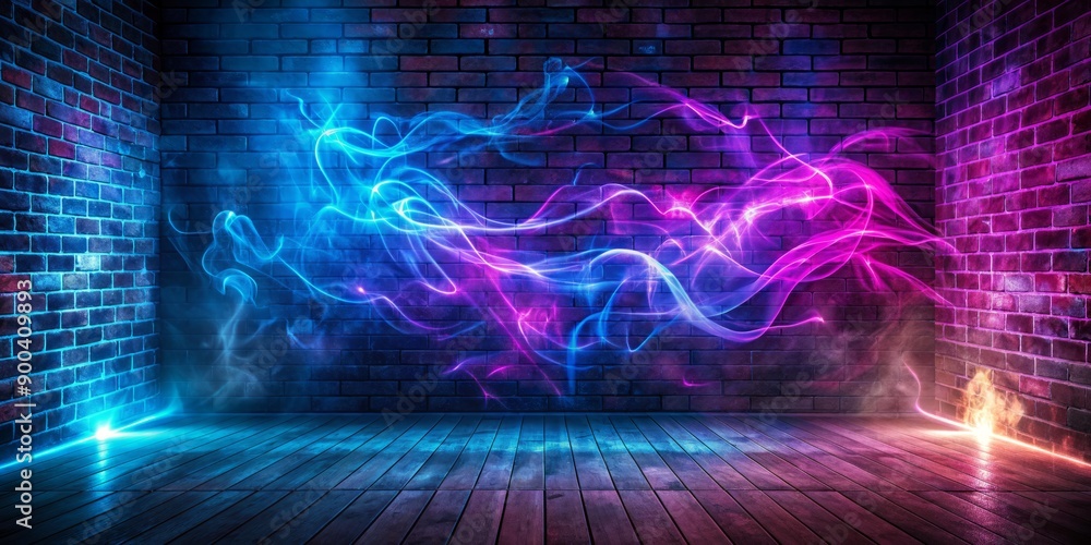 Dark studio room with abstract blue and purple brick wall background ...