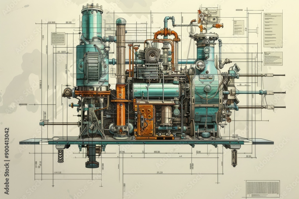 drawing of machine with many parts, diagram explaining the inner ...