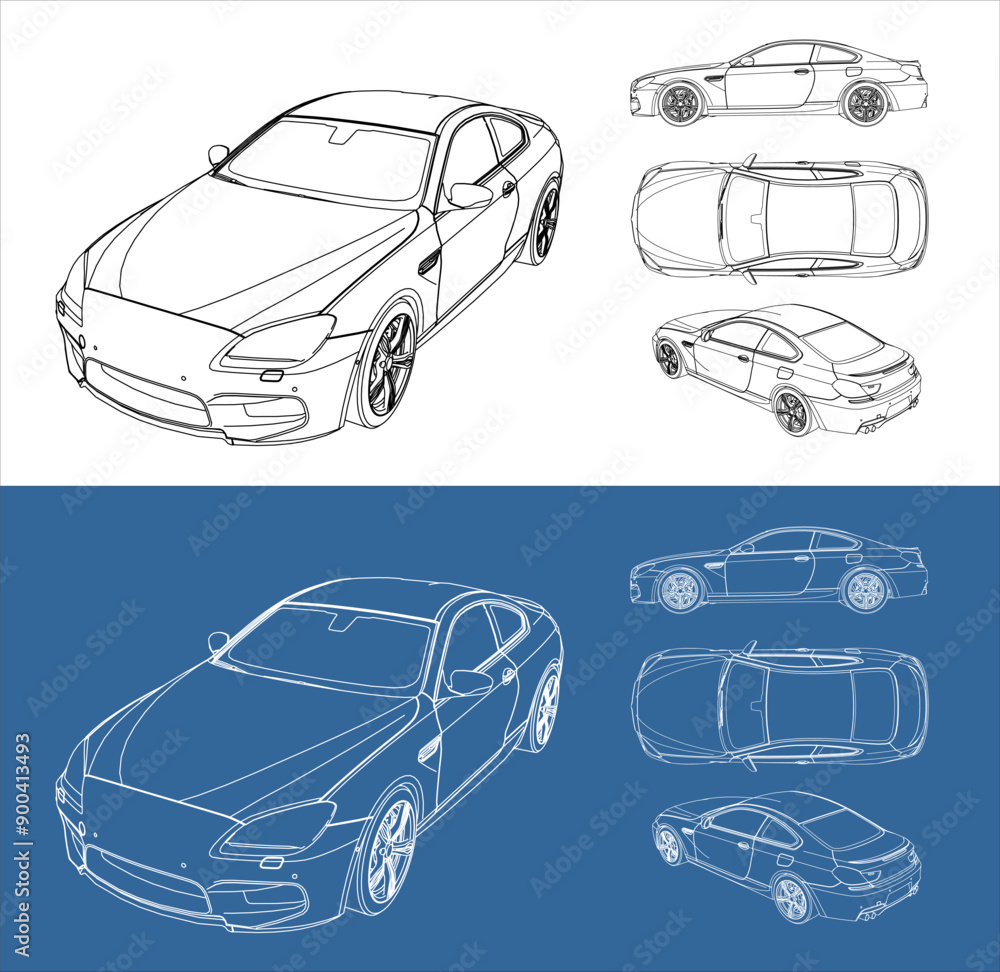 vector sport car line art draw blueprint wireframe from all view top ...