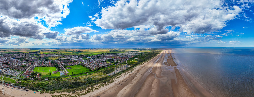 Sunset Aerial Panoramic View of the UK Seaside Town of Mablethorpe in ...