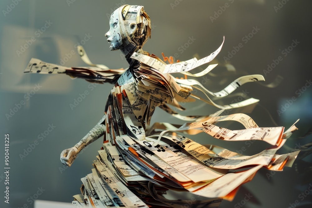 woman with sheet head and lot of music notes, figure combining words ...