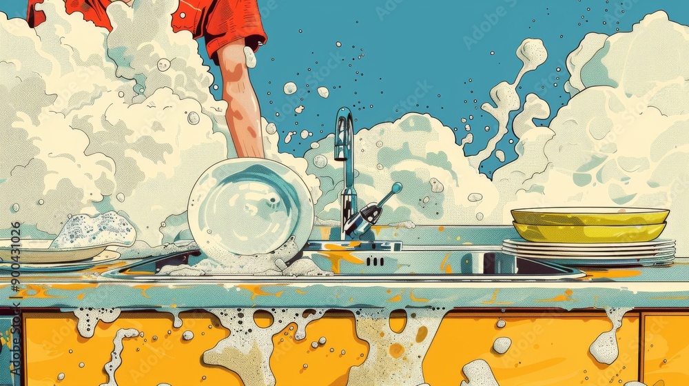 Person washing dishes in a kitchen sink, with soap suds and a stack of ...
