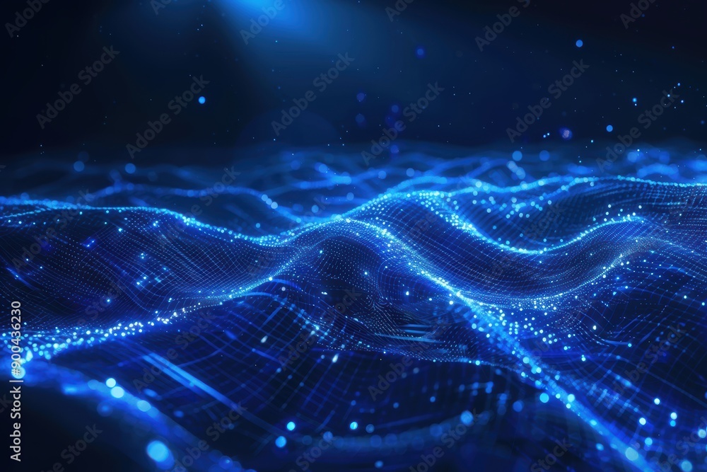 Abstract blue tech background with digital waves, dynamic network system, artificial neural ...