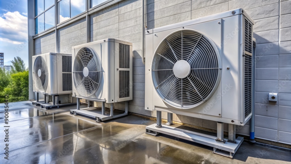 Two large commercial air conditioning units installed on a wall ...
