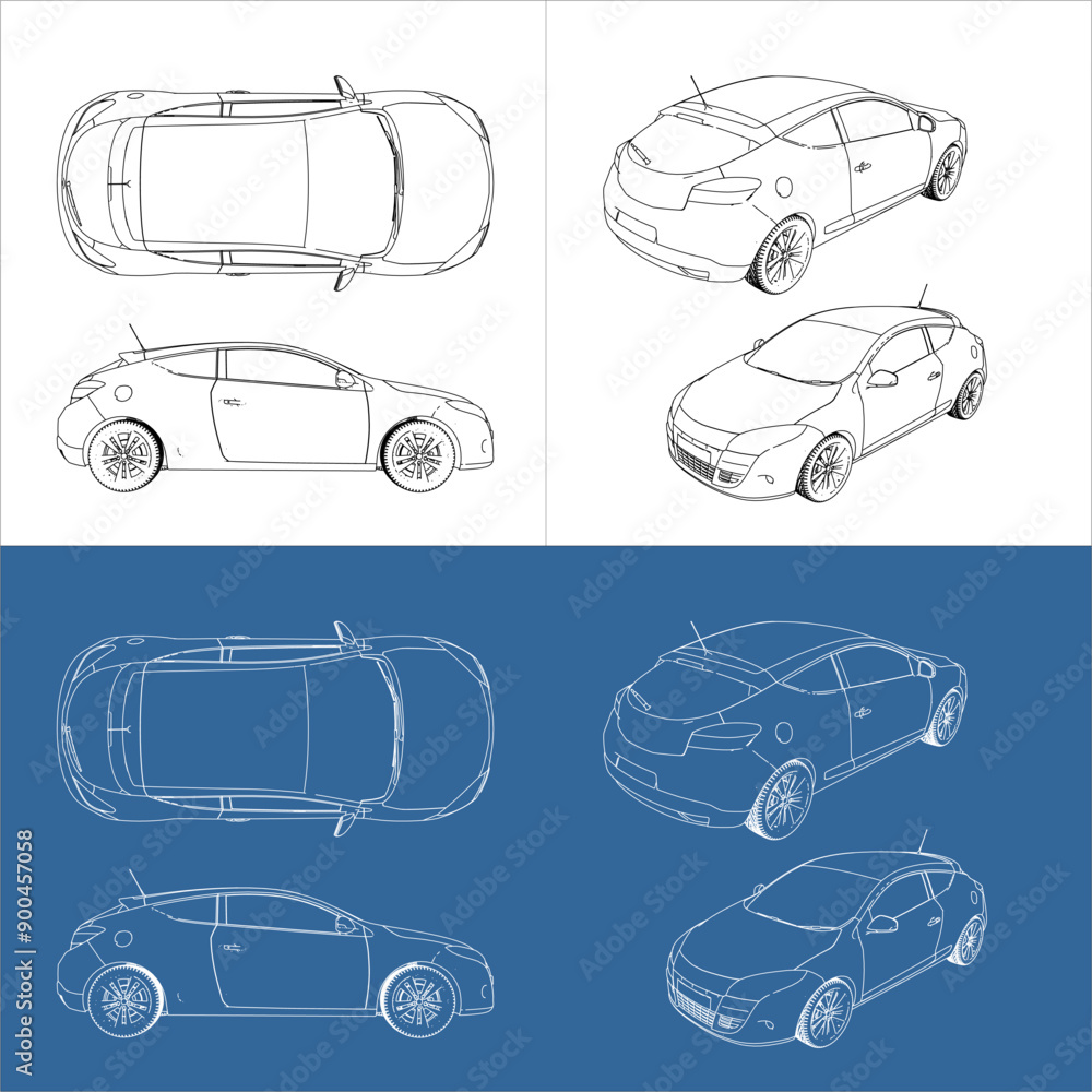 vector coupe hatchback car line art draw blueprint wireframe from all ...
