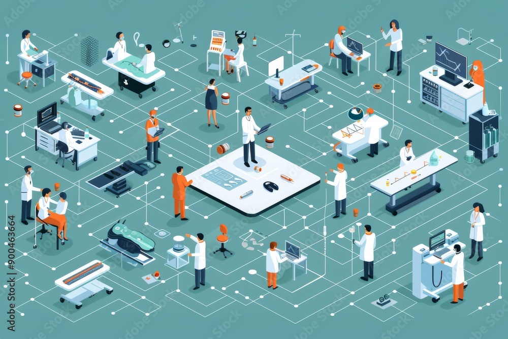Isometric illustration of a high tech hospital with advanced robotic ...