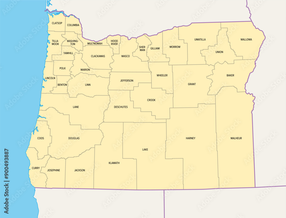 Oregon counties, political map with borders and county names. State in ...