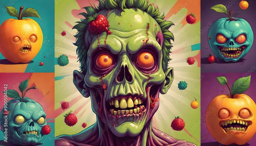 Horrifying grotesque, zombie surrounded by fruits, with green skin ...